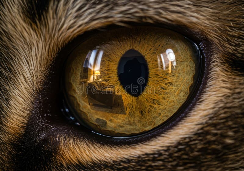 Macro View of a Cat S Eye Reflecting Cozy Interior Scene with Warm ...
