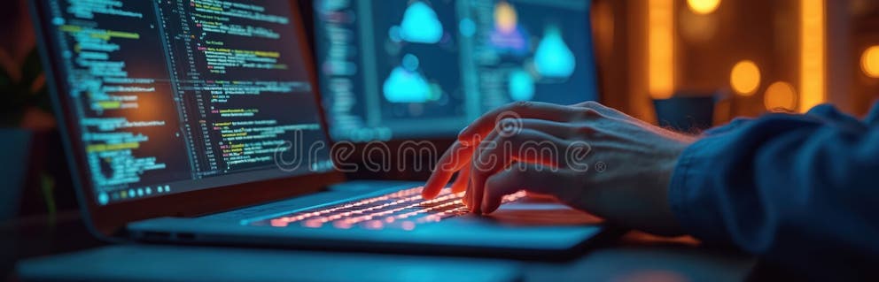 Macro View of Cloud Engineer Hands Coding Secure Storage Solution. Person Programs on Keyboard ...