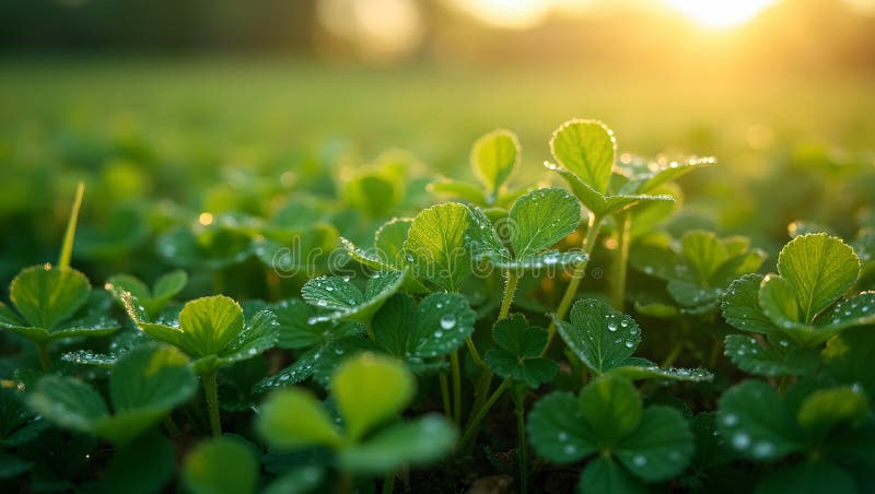 Macro View of Clover Patch with Dew Drops Reflecting Sunlight Stock ...