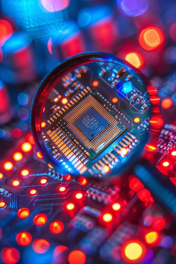 Macro View of Computer Microchips on Circuit Board Magnified by Lens ...