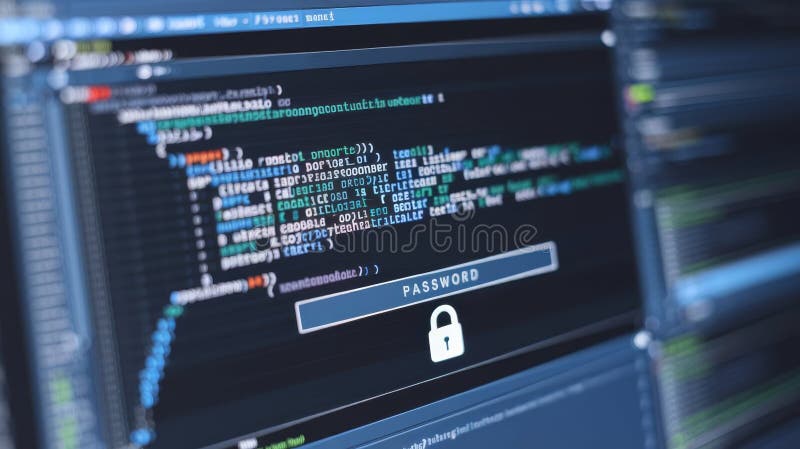 Macro View Of Computer Screen Showing Binary Code And Password Security Stock Illustration