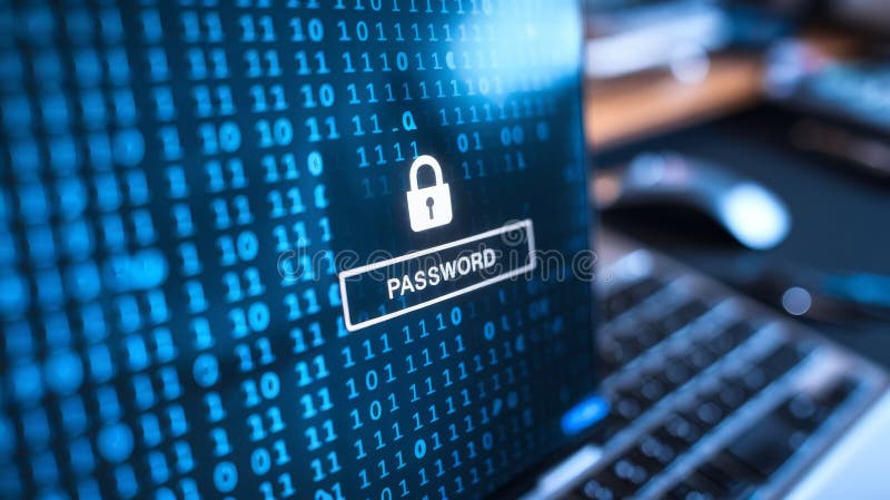 Macro View Of Computer Screen Showing Binary Code And Password Security Stock Illustration
