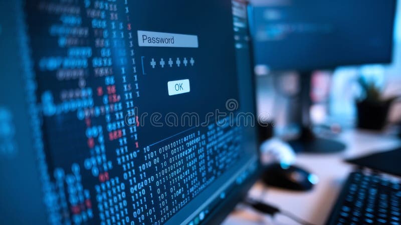 Macro View Of Computer Screen Showing Binary Code And Password Security Stock Illustration