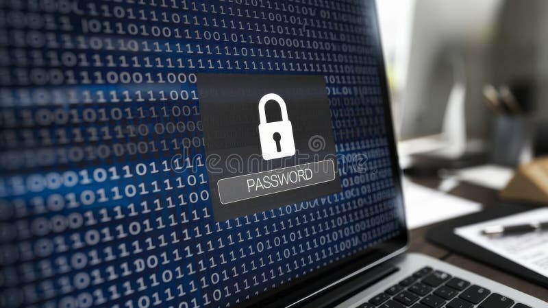 Macro View Of Computer Screen Showing Binary Code And Password Security Stock Illustration