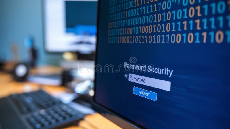 Macro View Of Computer Screen Showing Binary Code And Password Security Stock Illustration