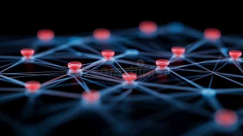Macro View of Glowing Red and Blue Nodes on an Intricate Black Grid ...
