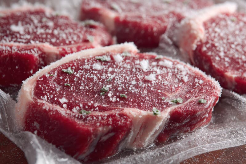 Frost Patterns on Vacuum-Sealed Frozen Steaks Showcasing Texture and ...