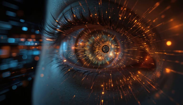 Macro View of Human Eye with Digital Data Streams, Glowing Sparks ...