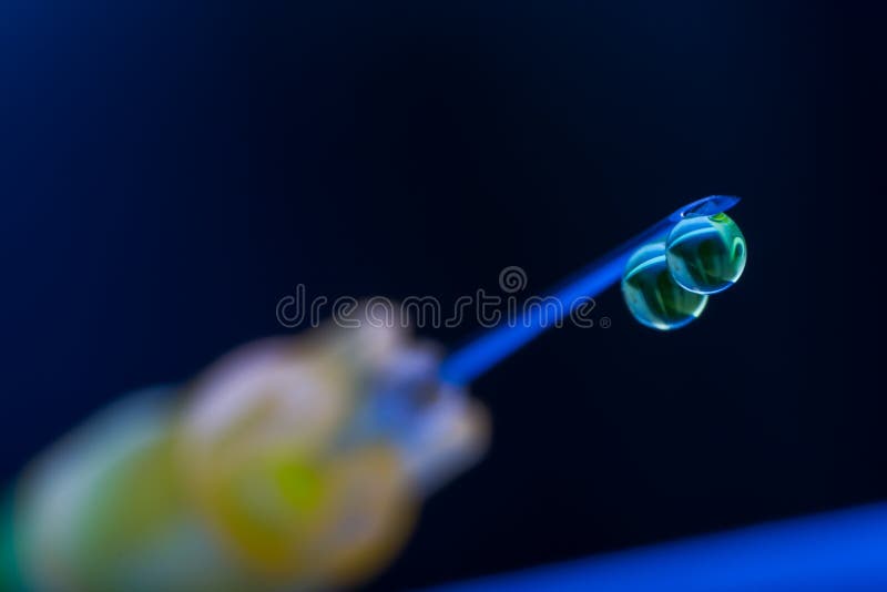 Macro View of a Hypodermic Needle with Two Drops of Drug Solution on ...
