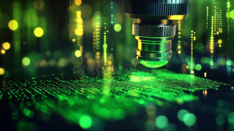 Macro View of a Microscope Analyzing Green Digital Data Stock Photo ...