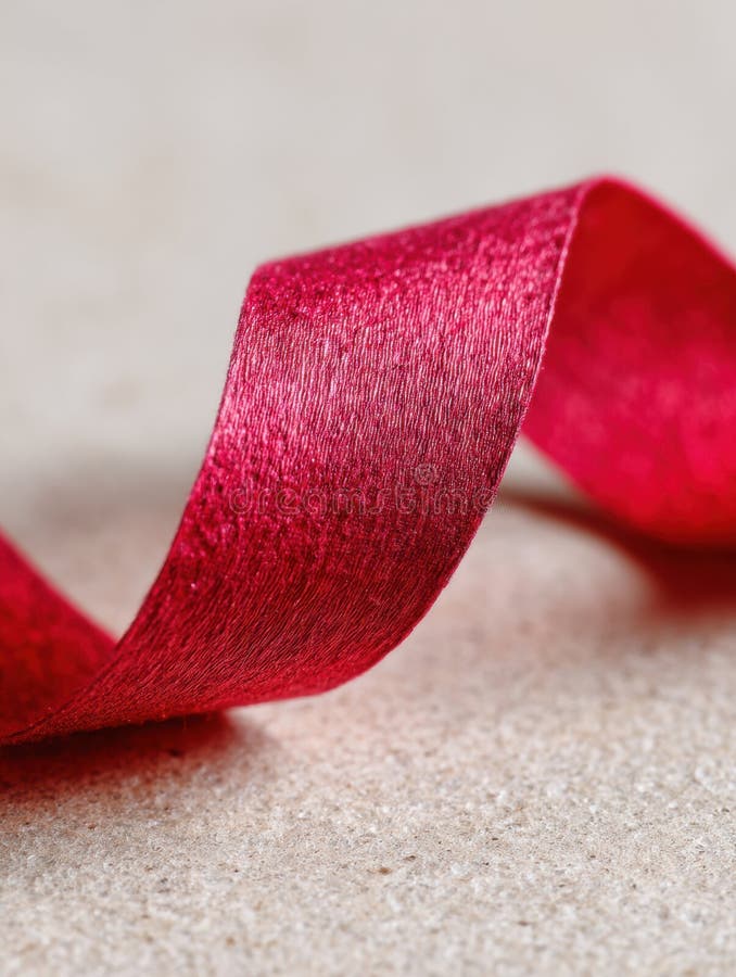 Macro View of a Red Ribbon Loop on a Textured Paper Surface with an ...