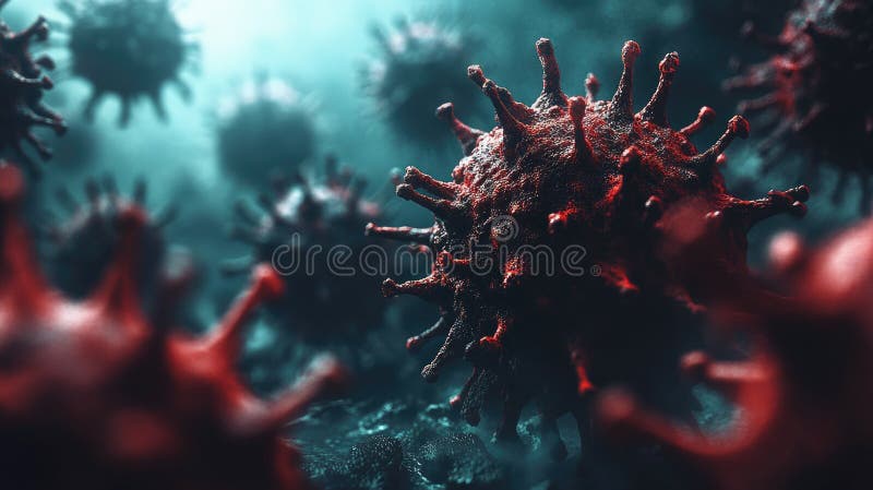 Macro View of Spiky Red Virus Cells in Blue Environment Stock ...