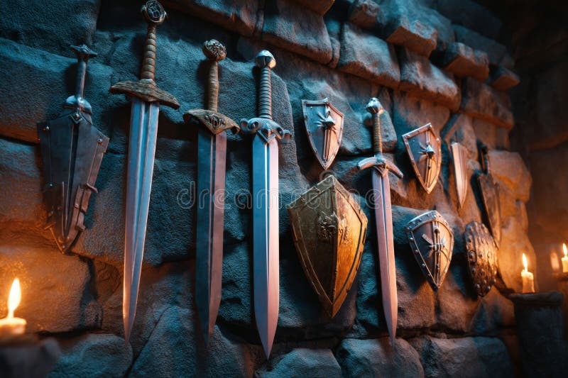 Collection of Swords and Shields on Stone Wall with Candlelight ...