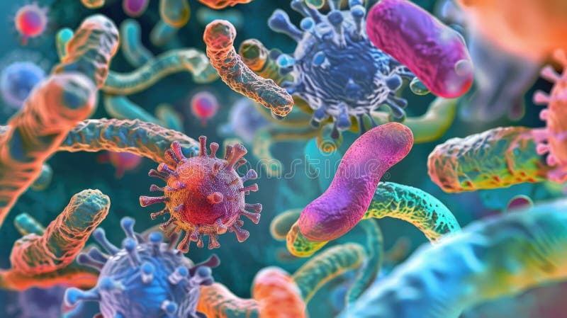 Macro View of Various Microbes Virus Cells and Bacteria Against ...