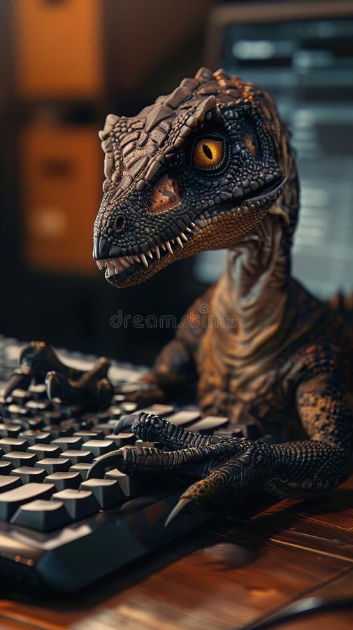 Macro View of a Velociraptor Typing on a Computer Showcasing Agility in ...
