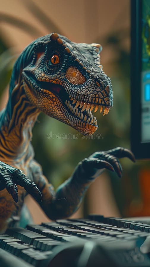 Macro View of a Velociraptor Typing on a Computer Showcasing Agility in Data Management Ideal ...