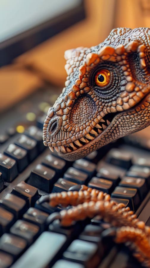 Macro View of a Velociraptor Typing on a Computer Showcasing Agility in ...
