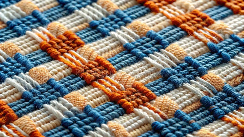 Macro View Woven Textile - Blue, Orange, Cream - Interlocking Pattern ...