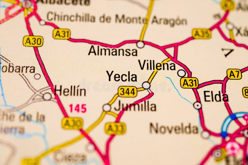 Macro View of Yecla Almansa and Nearby Towns Map.. Stock Image - Image ...