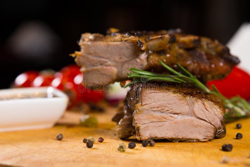 Macro Well Cooked Meat on Wooden Board Stock Image - Image of minerals ...