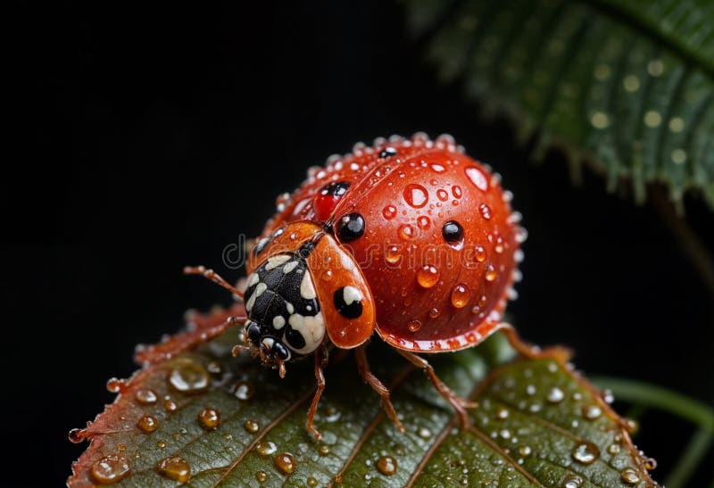 Macrography of a Lady Bug on a Fallen Red Leaf with Dew Dripping on a ...