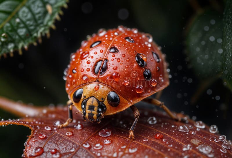 Macrography of a Lady Bug on a Fallen Red Leaf with Dew Dripping on a ...