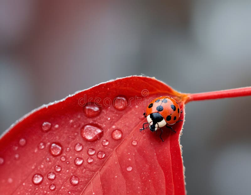 Macrography of a Lady Bug on a Fallen Red Leaf with Dew Dripping on a ...