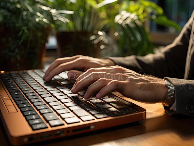 Macrolensed Hands Typing on Keyboard Intently Stock Illustration ...