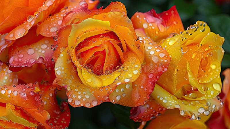 Macrophotography of Red and Yellow Roses in Dew Drops. Background for ...