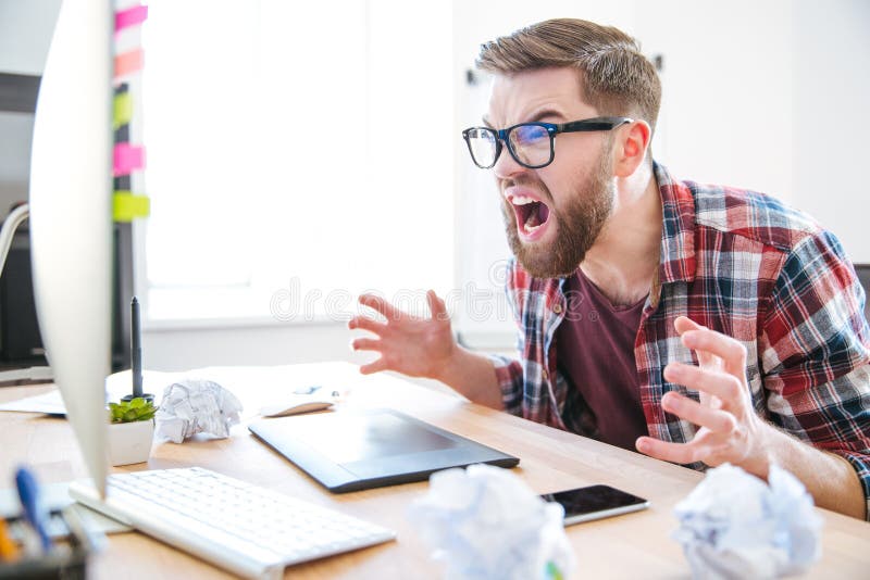 Mad Agressive Man Designer Looking on Monitor and Shouting Stock Image ...
