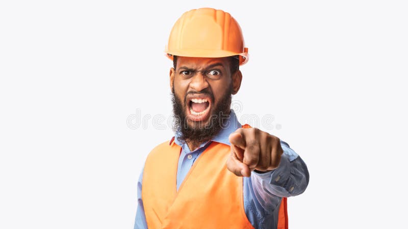 Mad Builder Shouting Pointing Finger at Camera Over White Background ...