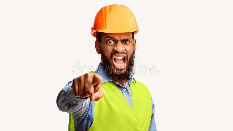 Mad Builder Shouting Pointing Finger at Camera Over White Background ...