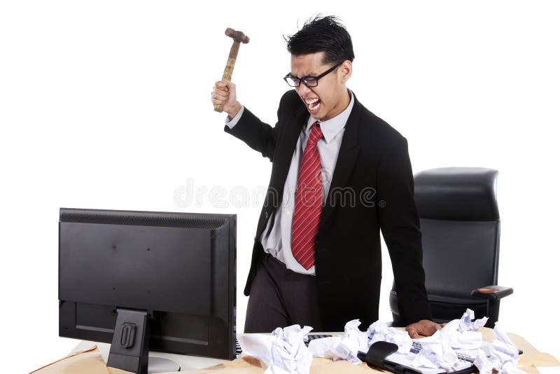 Mad Businessman Hitting His Computer Stock Image - Image of monitor ...