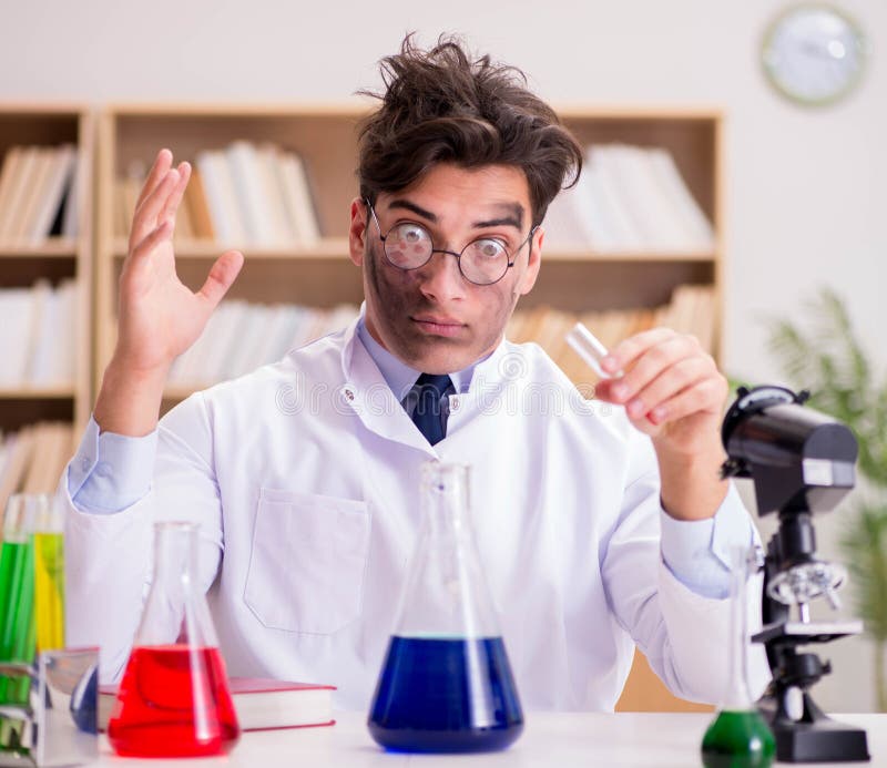 Mad Crazy Scientist Doctor Doing Experiments in a Laboratory Stock ...