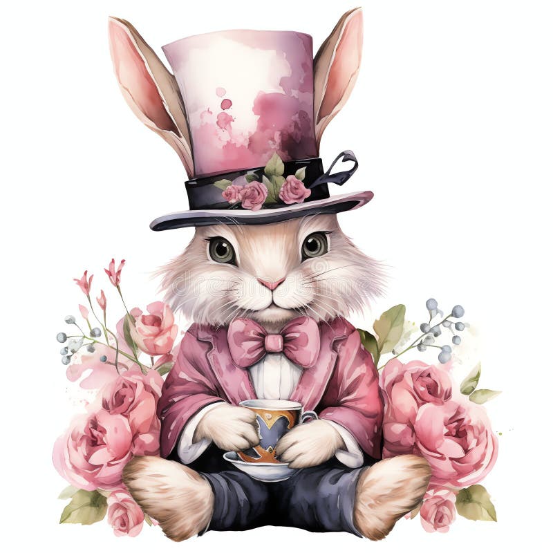 Mad Hatter Cute Bunny Pink Cute Bunny Watercolor Stock Illustration ...