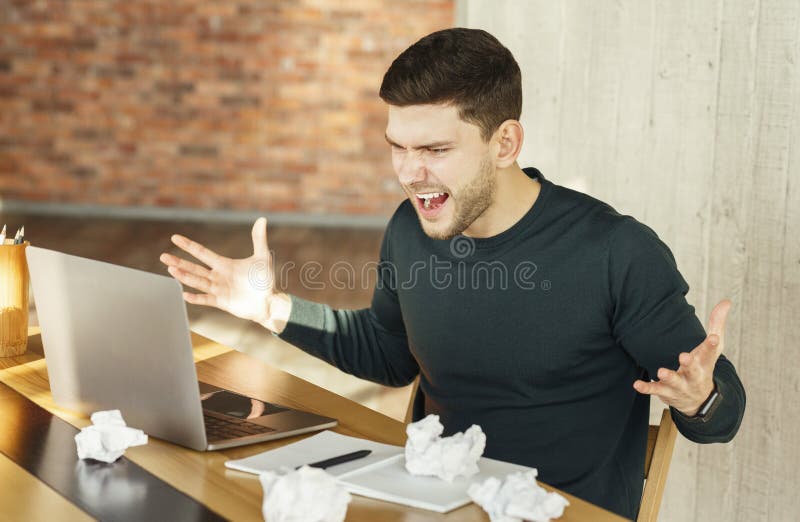 Mad Office Manager Screaming at Laptop Computer Sitting at Workplace ...