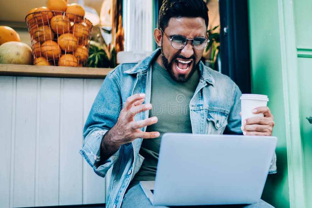 Mad Remote Worker Watching Laptop in Street Stock Photo - Image of ...