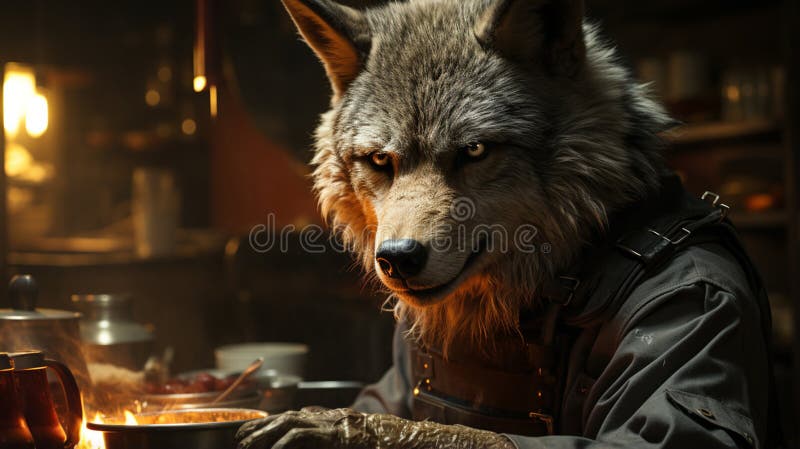 Mad Wolf with Chef Uniform, Hold a Knife in the Kitchen. Generative AI ...