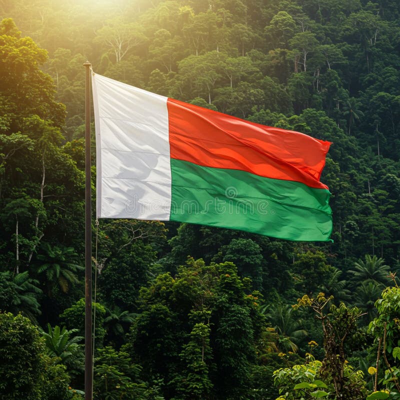 Madagascar S National Flag Waving in Front of a Lush Rainforest Setting ...