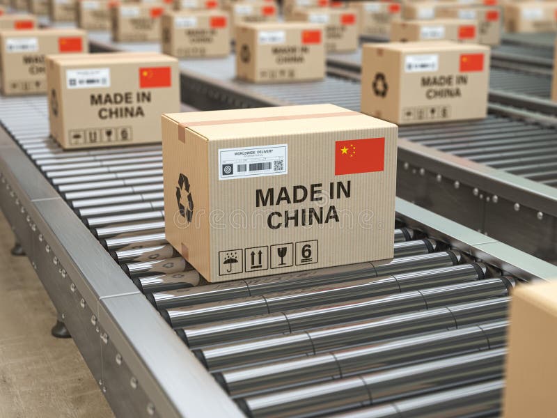 Made in China. Cardboard Boxes with Text Made in China and Chinese Flag ...