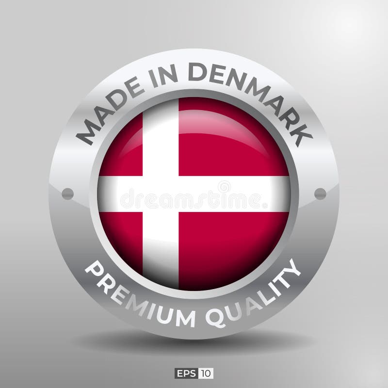 Made in Denmark Label, Logo, Stamp Round Flag of Nation with 3D Silver ...