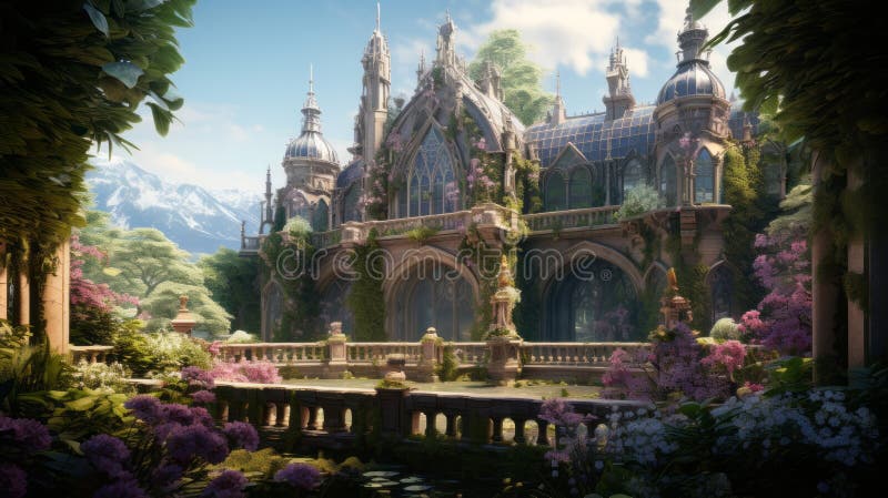 Big Stone Castle with a Large Botanical Garden in Blossom. Stock ...