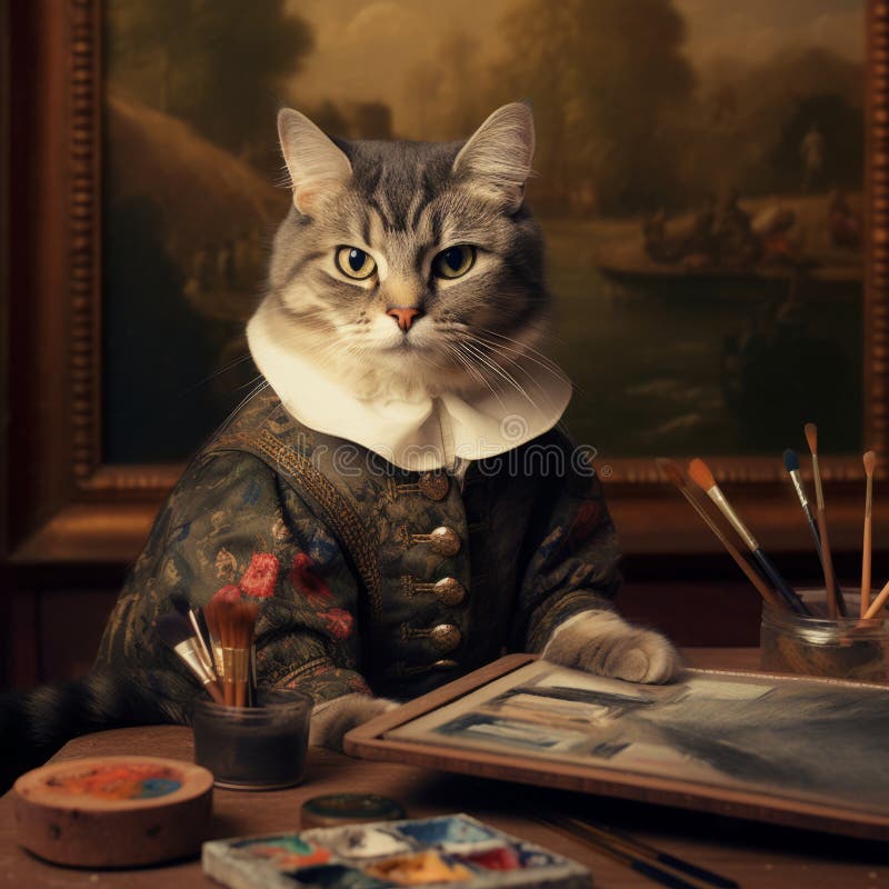 Cat Posing As an Artist Painter. Stock Illustration - Illustration of ...