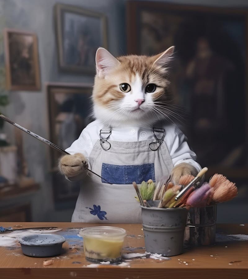 Domestic Cat Posing As a Painter. Stock Illustration - Illustration of ...