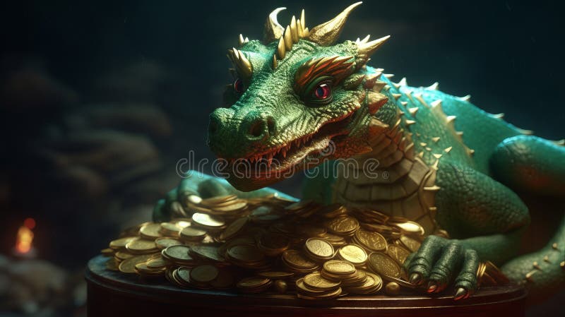 Dragon Guarding Kettle of Gold Coins Illustration, Stock Illustration ...