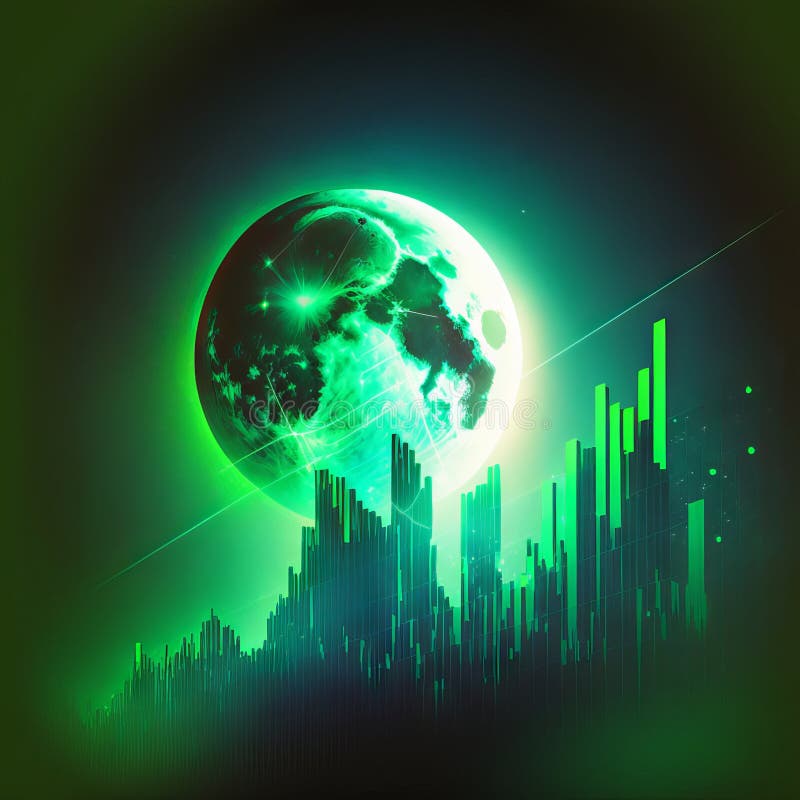 Green Graph Going Up To S Sparkling Green Glowing Moon. Stock ...