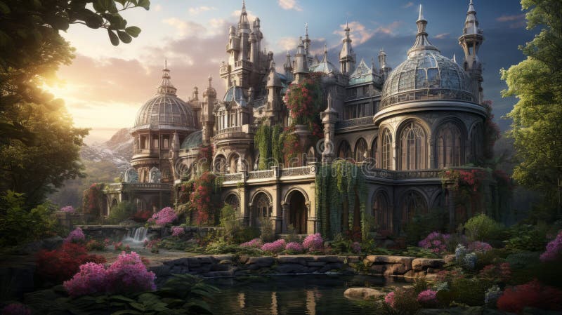 Huge Castle with a Large Botanical Garden with Plants and a Pond. Stock ...