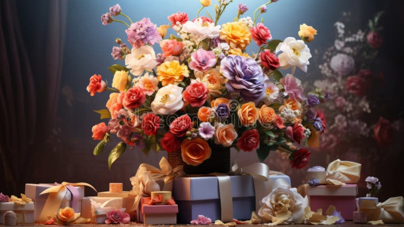 Large Bouquet of Bright Flowers and Presents on a Table. Stock ...