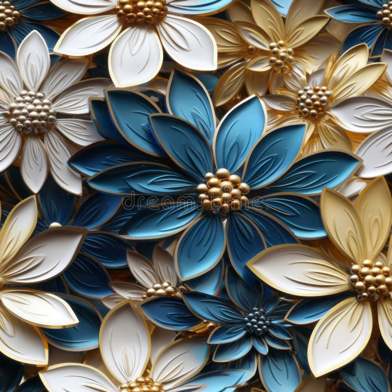 Seamless Pattern with Enameled Daisy Flowers with Silver and Gold ...
