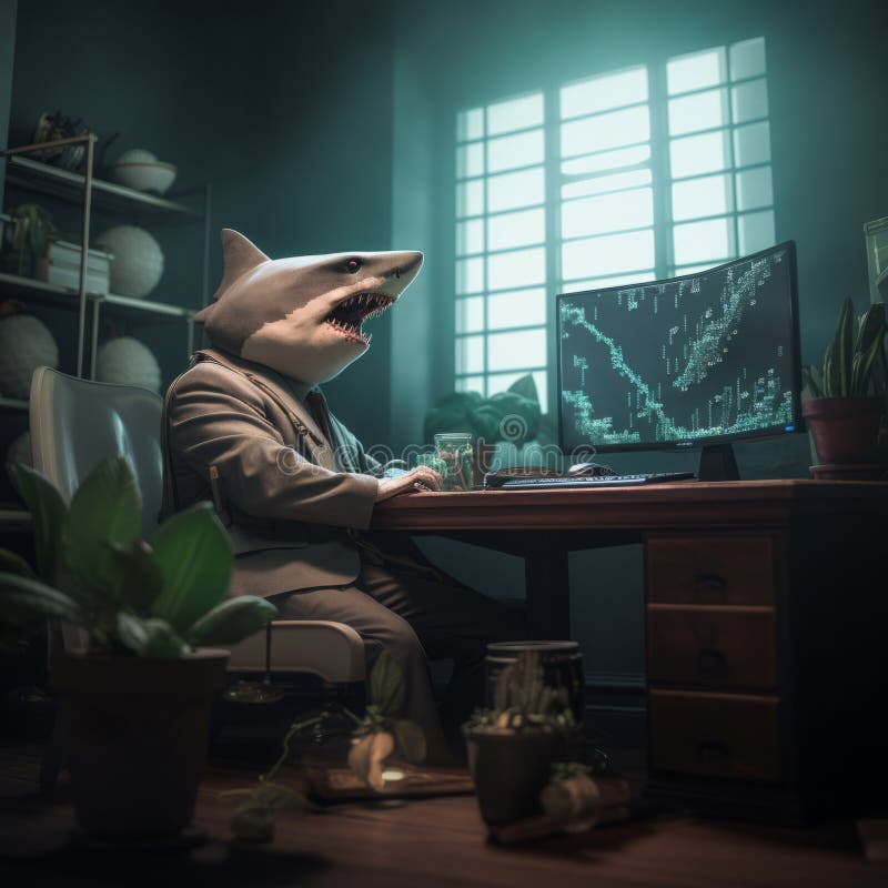 Shark Figure Sitting in Office and Looking at Computer Screen. Stock ...